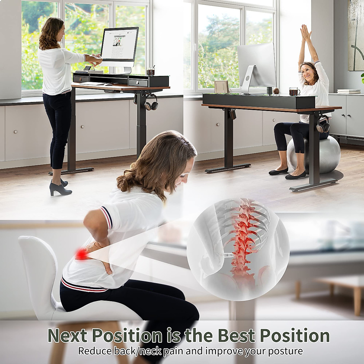 FEZIBO Electric Standing Desk with Glass Top Monitor Stand, 55 x 26 Inch with File Cabinet