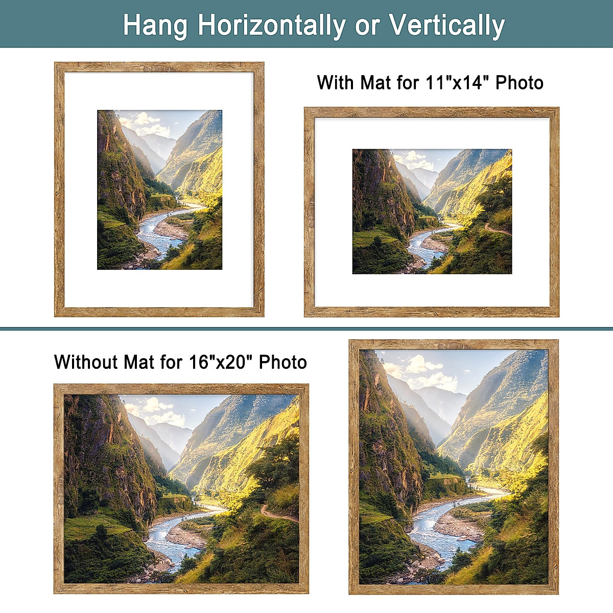 16x20 Frame Set of 2 with Plexiglass, Rustic Brown Wood Frame Display 11x14 Picture with Mat or 16 x 20 Picture Without Mat, 16x20 Poster Frame for Wall Gallery Mounting Horizontal and Vertical