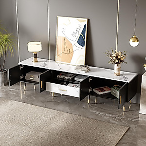 Merax Modern TV Stand for 80 Inch TV, 70 Inch Black & White TV Stand with Storage Cabinets, Drawer, and Open Space, Universal Entertainment Center Media Console for Living Room, Bedroom, Office