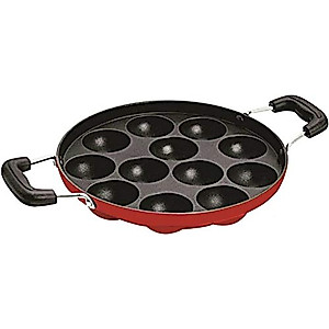 Non-Stick 12 Cavity Appam Patra Paniyarakkal,Nonstick cookware Appam Patra Paniyaram with Stainless Steel Without Lid 12 Cavity (Red with Handle)
