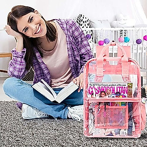 FTJCF Pink Clear Backpack, Stadium Approved Transparent Bookbag for Women, Heavy Duty PVC See Through Backpack - Light Pink