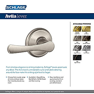 SCHLAGE F10 VLA 619 Avila Door Lever, Hall & Closet Passage Lock, Satin Nickel