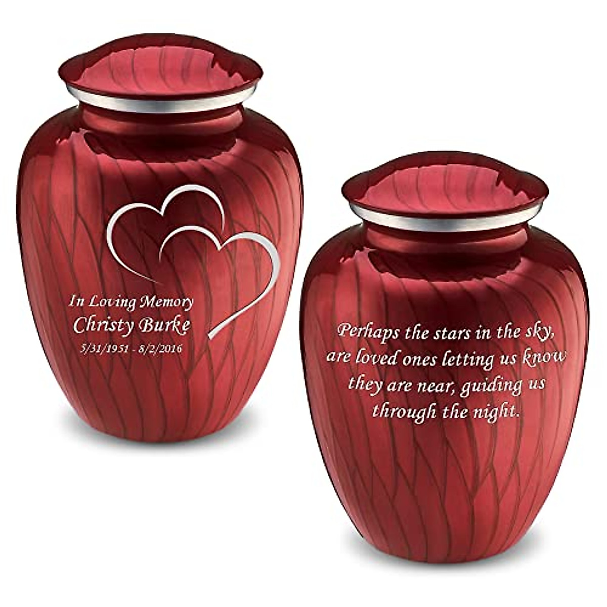 GetUrns - Embrace Hearts Urns for Human Ashes, Cremation Urns for Adult Ashes Men & Women, Cremation Urn for Home, Vault, or Niche, 200 cu. in, Double-Sided Engraving, Pearl Candy Red