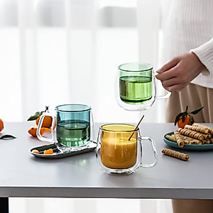 Colorful Double Walled Glass Coffee Mug 11.6 oz. Set of 4 Insulated Coffee Cups with Handle for Latte, Espresso, Cappuccino, Milk, Americano and Ice Tea