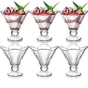 Hacaroa 6 Pack Glass Ice Cream Bowls Small Sundae Cups, 6.5 Ounces Footed Dessert Bowls Milkshake Glasses, Clear Cute Trifle Bowls for Pudding, Parfait, Fruit, Clover Shape
