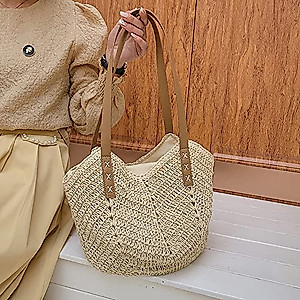 NIBD Hand-woven Soft Large Straw Shoulder Bag Retro Boho Tote Bags Summer Beach Woven bag Rattan Handbag (Off-white)