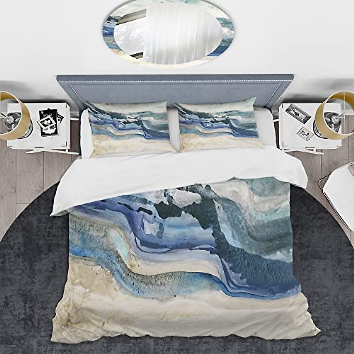 DesignQ Coast Blue Sea Waves Watercolour Nautical & Coastal Duvet Cover Set, Blue Duvet Cover Set King, Abstract Bedding Set of 3 Pieces, All Season Nautical & Coastal Bedding Sets King