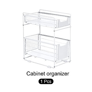 METALLIXITY Under Sink Cabinet Organizer with Sliding Drawers, 2-Tier Metal Pull-Out Cabinet Organizer - Suitable for Sink, Bathroom, Cabinet, Countertop- White