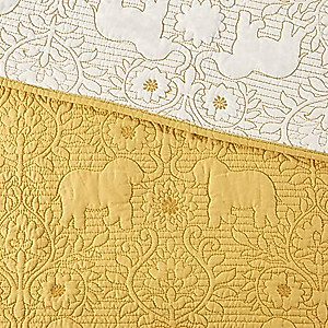 Ink+Ivy Kandula King/Cal King Size Quilt Bedding Set - Mustard Yellow , Quilted Floral, Elephants – 3 Piece Bedding Quilt Coverlets – 100% Cotton Percale Bed Quilts Quilted Coverlet