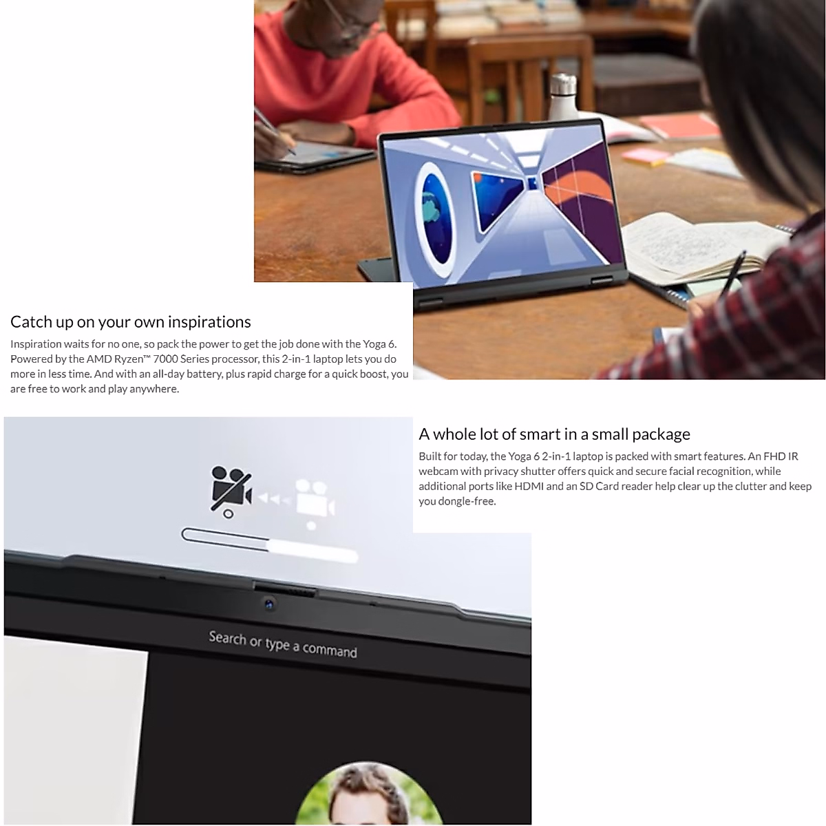 Lenovo Yoga 6 2-in-1 Convertible Touchscreen Laptop, 13.3"" WUXGA (1920 x 1200) Laptop, 8GB RAM, 256GB SSD, AMD Ryzen 5 7530U(up to 4.5GHz, Beat Intel i7-1165G7), Thin, WiFi 6, Win 11 Home