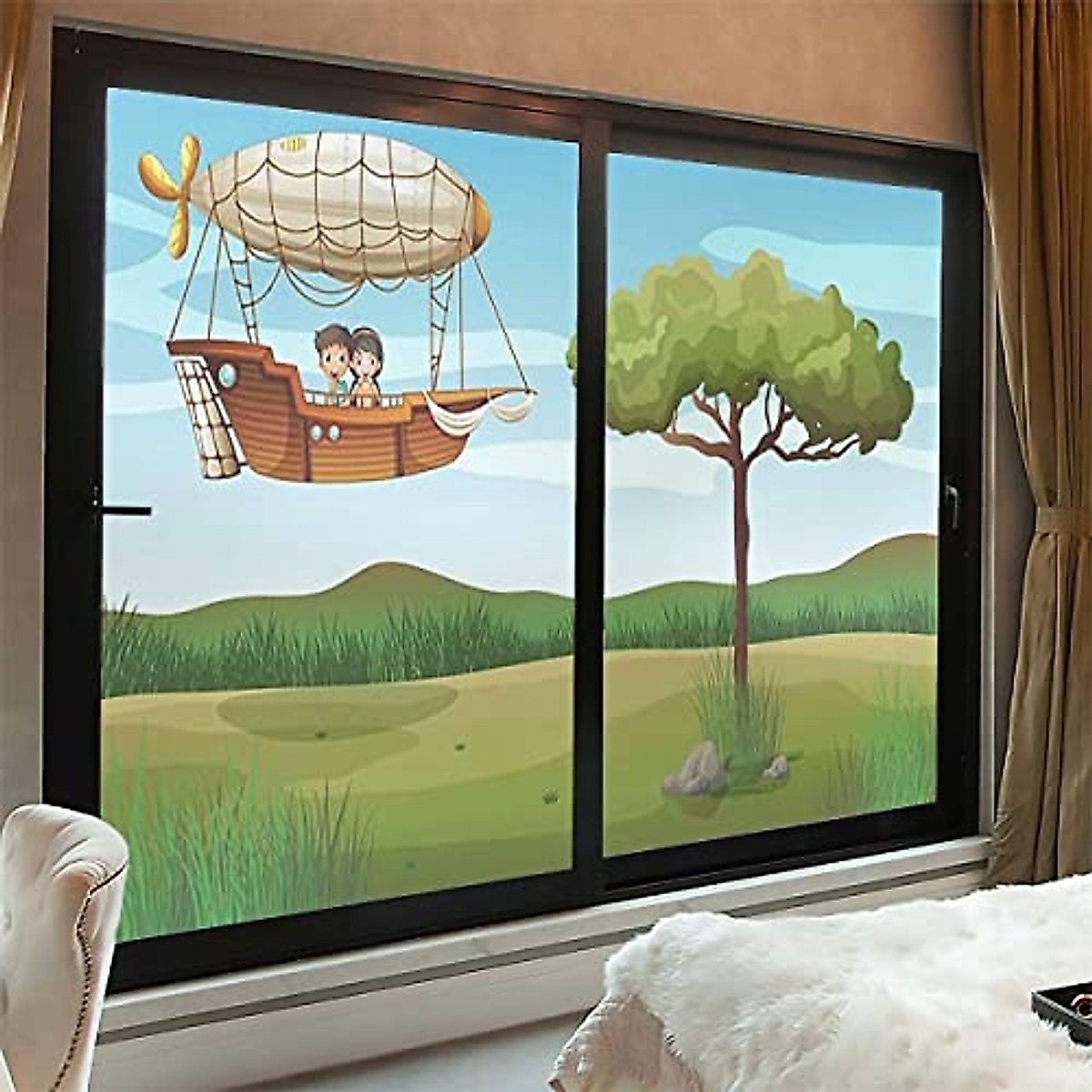 Blue Green Static Clung Window Film Frosted Stained Flower Glass Sticker for Privacy Explore Girl Boy New Adventures Hot Air Balloon Privacy Film 17.7Wx23.6L-inch x2 Pcs