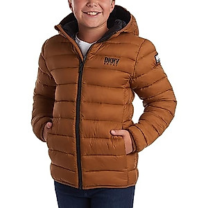 DKNY Boys Jacket – Midweight Insulated Quilted Outerwear Parka Puffer Coat – Water Resistant Boys Winter Hooded Jacket (8-20), Size 14-16, Timber