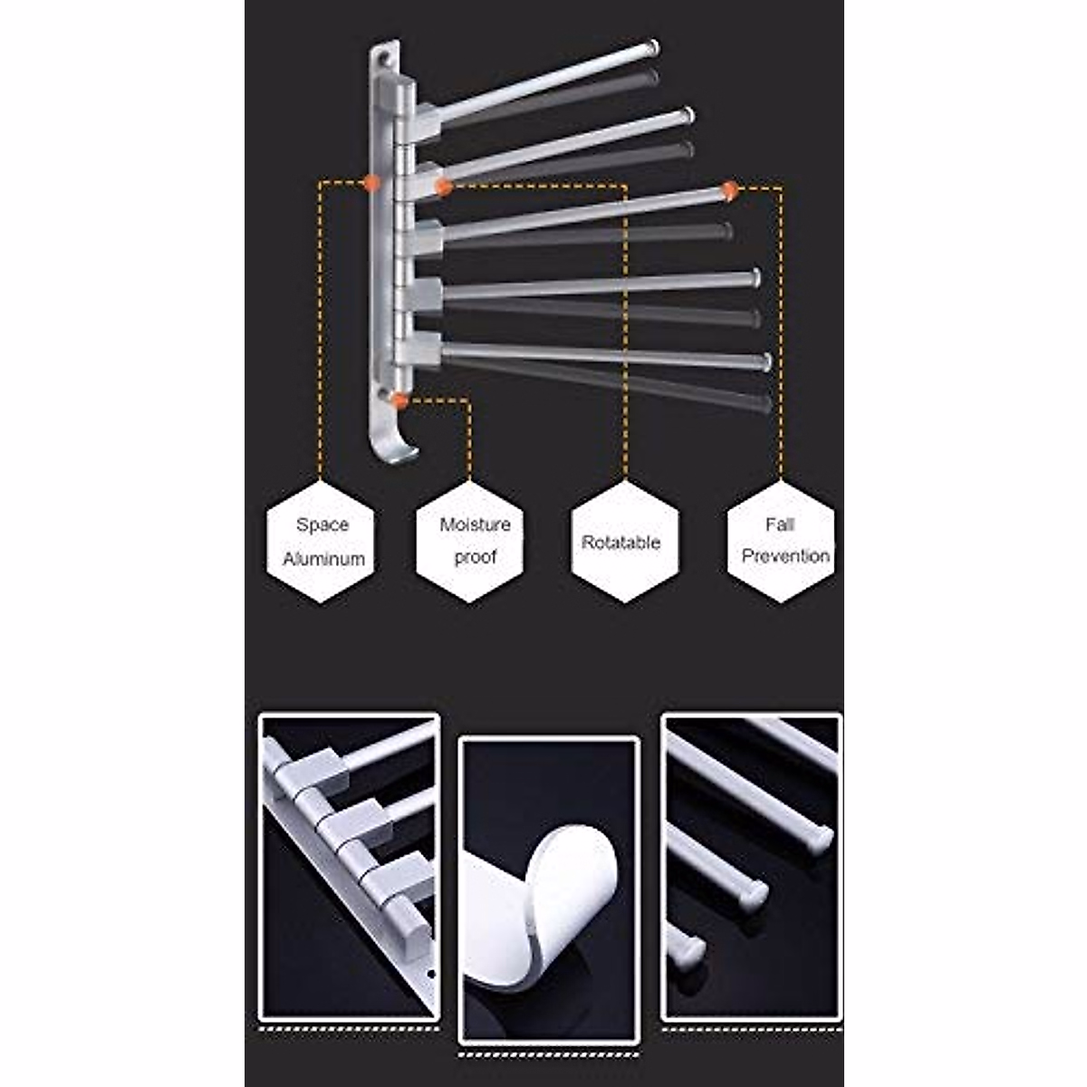 MOCOFO Towel rack, swing-out towel bar, rotating bathtub, RV towel rack, swing arm, towel hand rack, space-saving storage rack, wall-mounted towel rack (space aluminum, 5 bars)