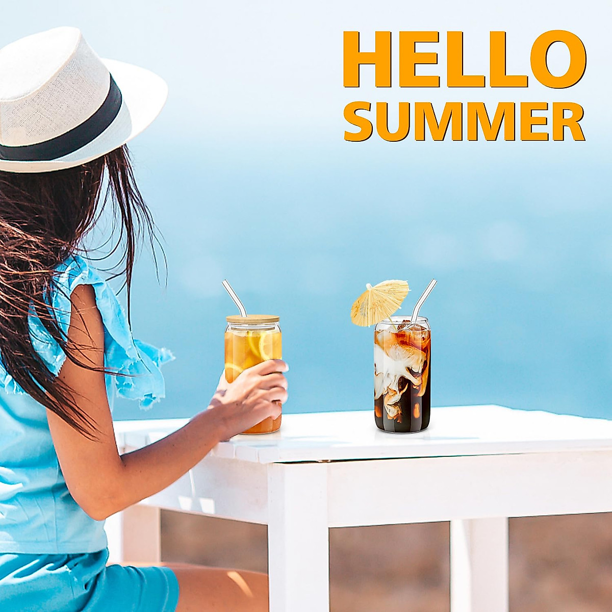 sungwoo Glass Cups with Bamboo Lids and Straws, 16OZ Ice Coffee Cup, Drinking Cup set with Wooden Lids, Home Essential Glass Tumblers for Beer, Cocktail, Tea and Latte Clear 4 Pack