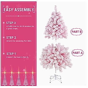 Yaheetech 4.5ft Pre-lit Artificial Christmas Tree with Incandescent Warm White Lights, Snow Flocked Full Prelighted Xmas Tree with 340 Branch Tips, 150 Incandescent Lights & Foldable Stand, Pink