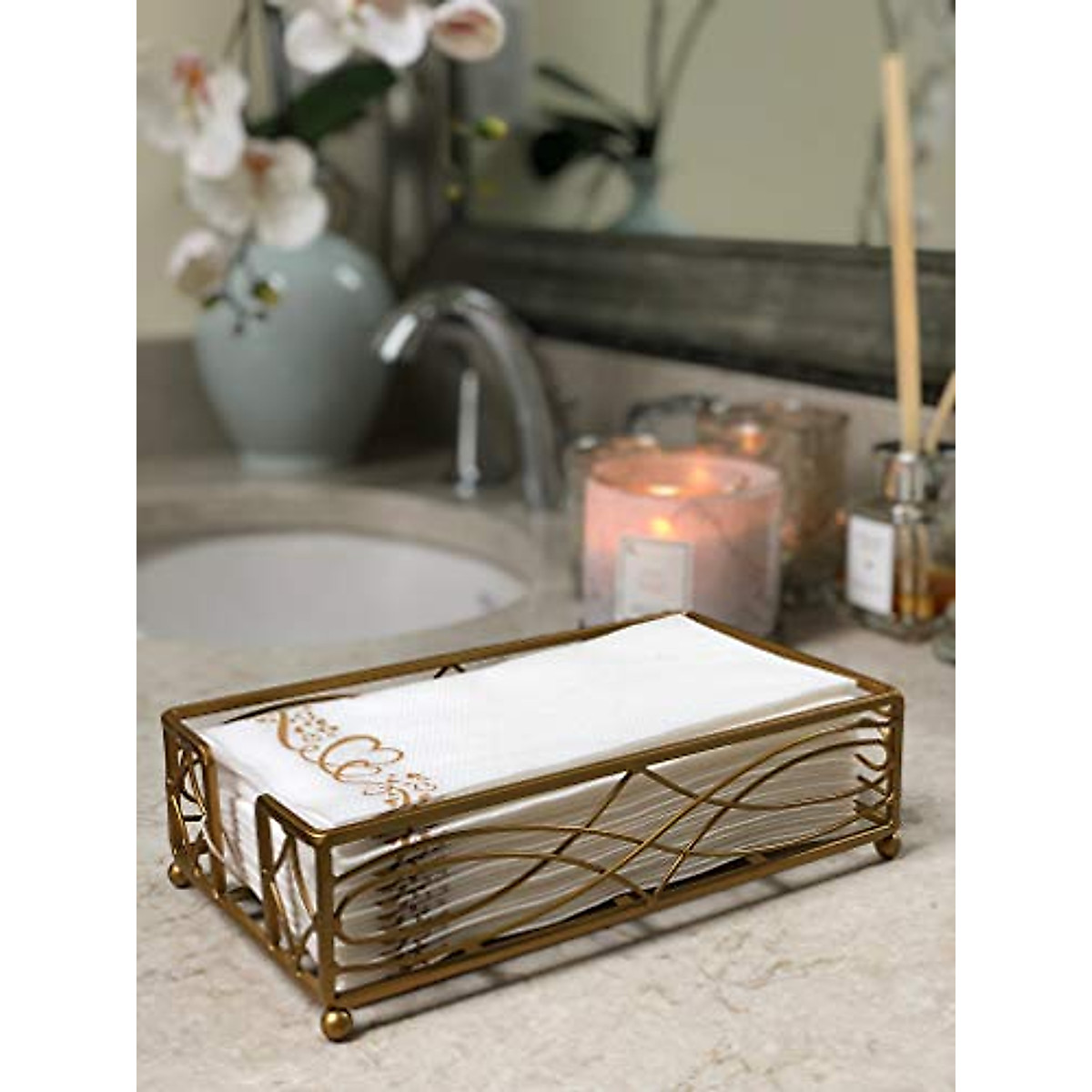 Chez JuJu Gold Elegant Sturdy Guest Napkin Holder | Disposable Paper Hand Towel Storage Tray Caddy | Premium Quality | Bathroom Kitchen Dining Table Wedding Party Hotel Office décor | Indoor Outdoor