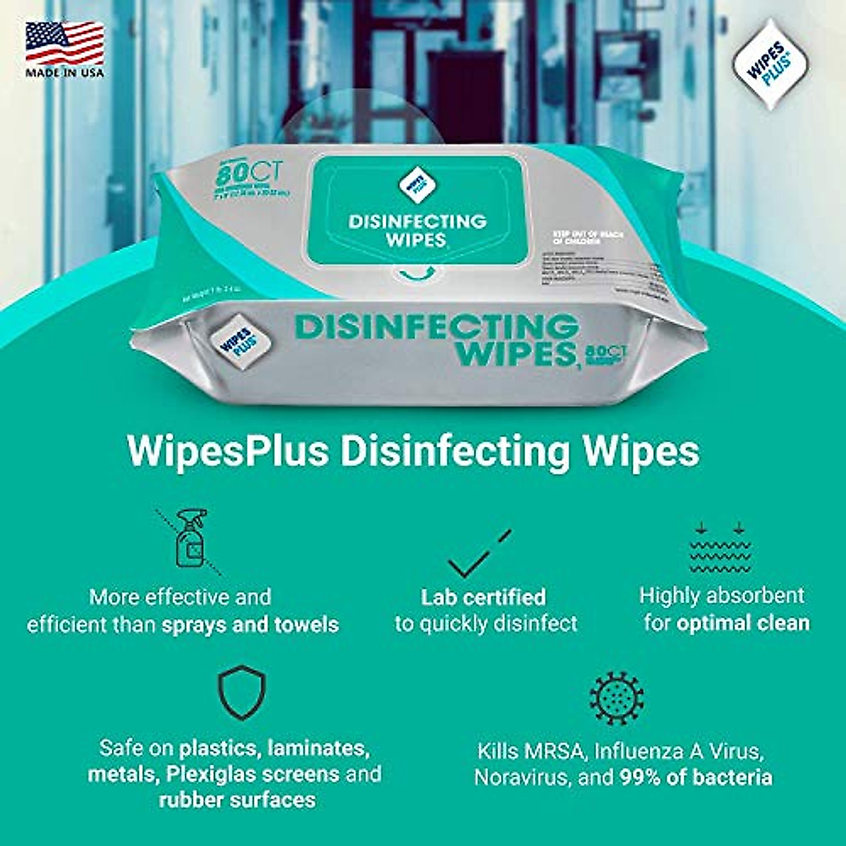 WipesPlus Disinfecting Wipes (240 Total Wipes) - 3 Packs of 80 Industrial Strength Sanitizing Wipes - 80 Disinfectant Wipes per Pack - Made in the USA