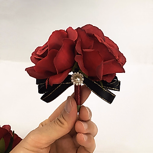 YOKOKE Prom Corsage and Boutonniere Set, Rose Boutonniere and Wrist Corsage Wristlet Set Flowers for Party Ball Dancing Prom Suit Decorations (Red)