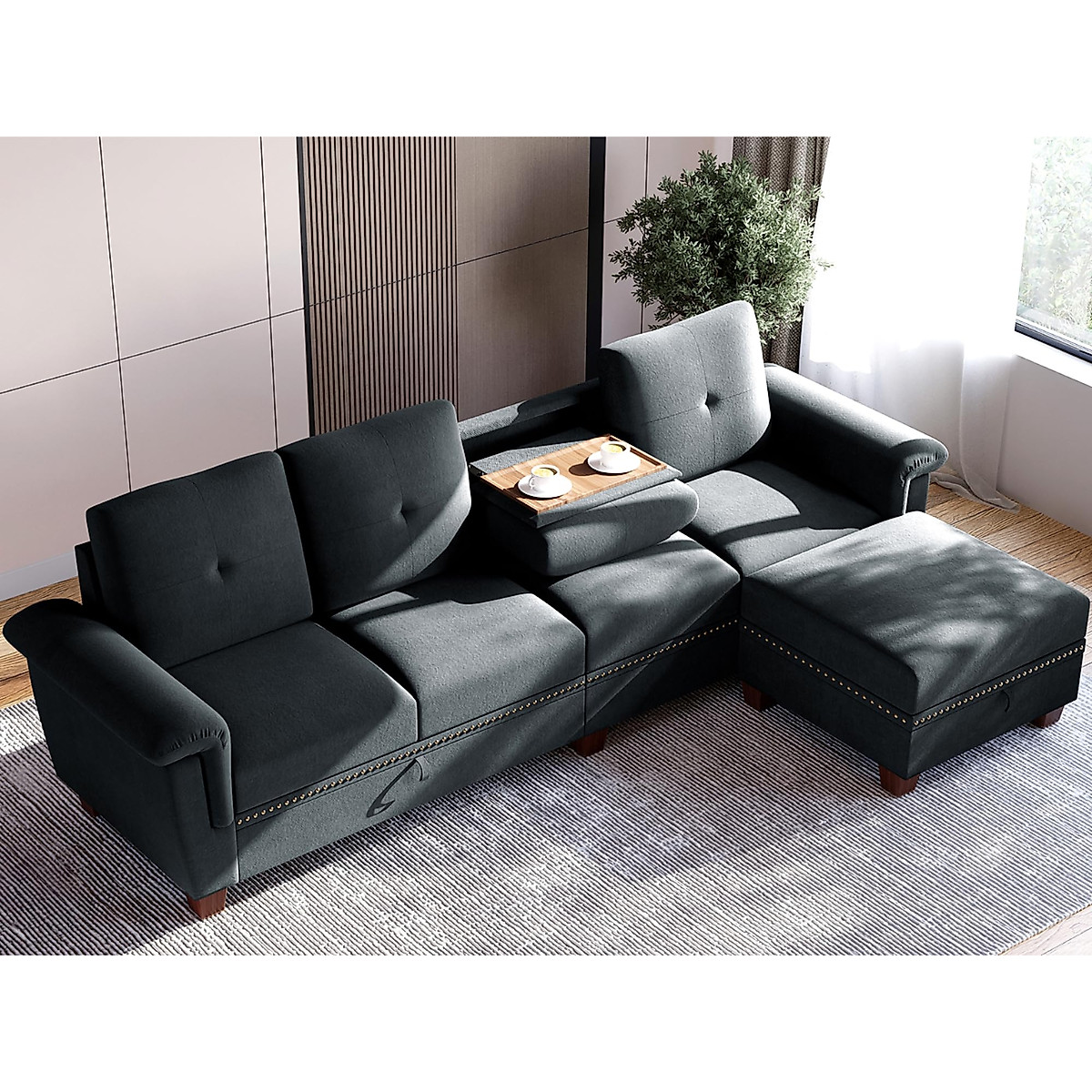 JAMFLY Sectional Couches for Living Room L Shaped Couch with Storage, 4-Seat Convertible Sectional Sofa Couch with Ottoman, Living Room Furniture Sets with Cup Holders, Dark Gray