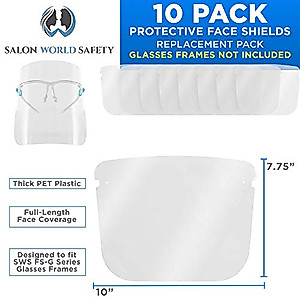 TCP Global Salon World Safety Replacement Face Shields Only (Pack of 10), Glasses Frames Not Included – Fits Most Brands, Ultra Clear, Full Face, Protect Eyes Nose Mouth, Anti-Fog PET Plastic, Goggles