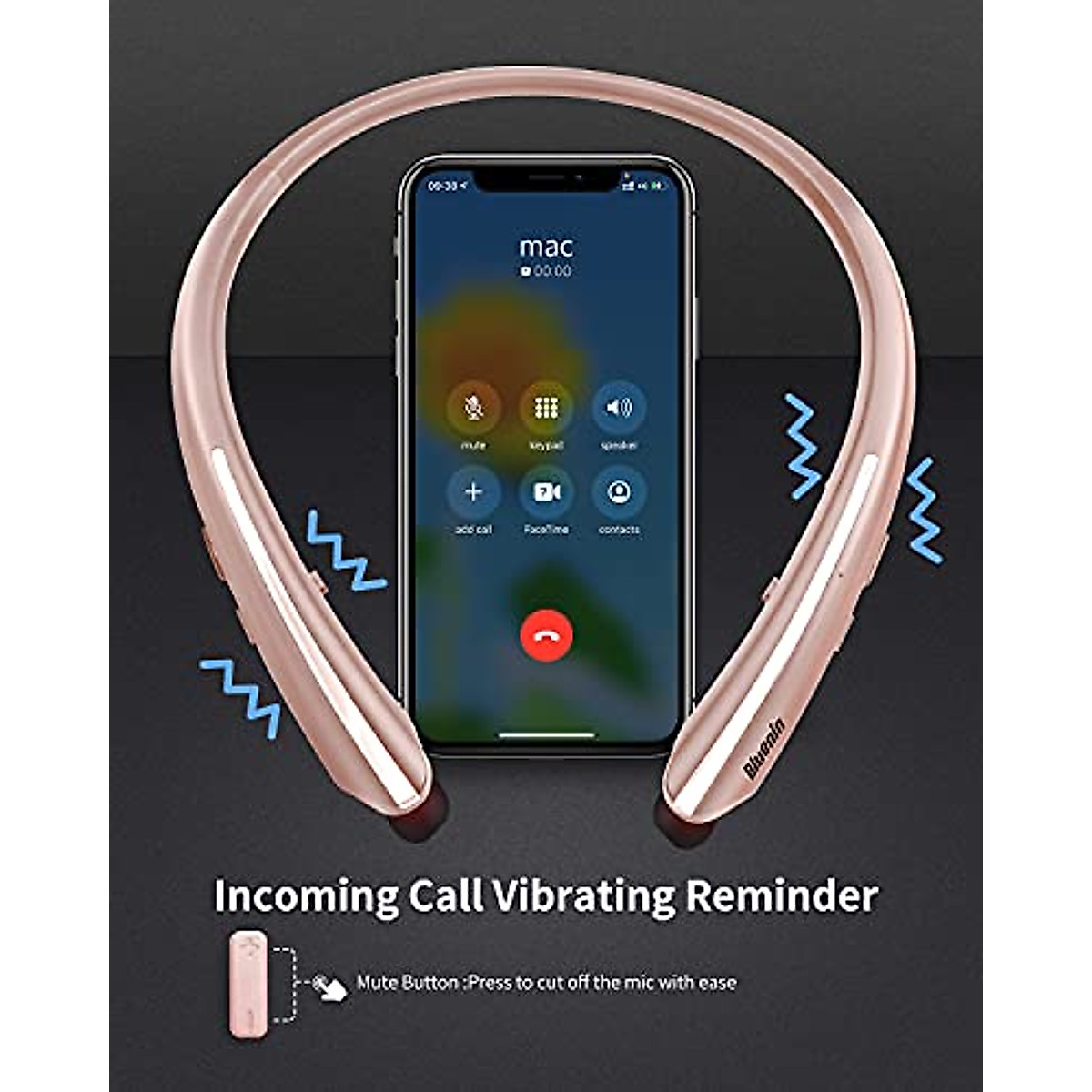 Neckband Bluetooth Headphones, Wireless Bluetooth Headphones with Retractable Earbuds, Noise Cancelling 3D Sound Surround Personal Sport Headset Call Vibrate Alert Earphones with Mic (Rose Gold)