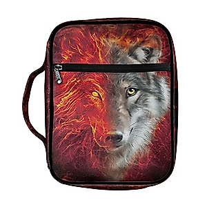WELLFLYHOM Wolf Flame Bible Cover for Study Bible Carrying Case for Women Book Bags Bible Holder Church Tote Bag with Handle and Zipper Pocket Bible Holder Bible Accessories