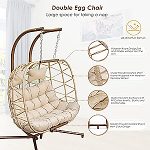 NICESOUL® Double Swing Egg Chair with Stand Large 2 Person Indoor Outdoor Wicker Patio Twins Basket Hanging Chair with Beige Cushions 510 Lbs Capaticy for Bedroom Balcony Oversized