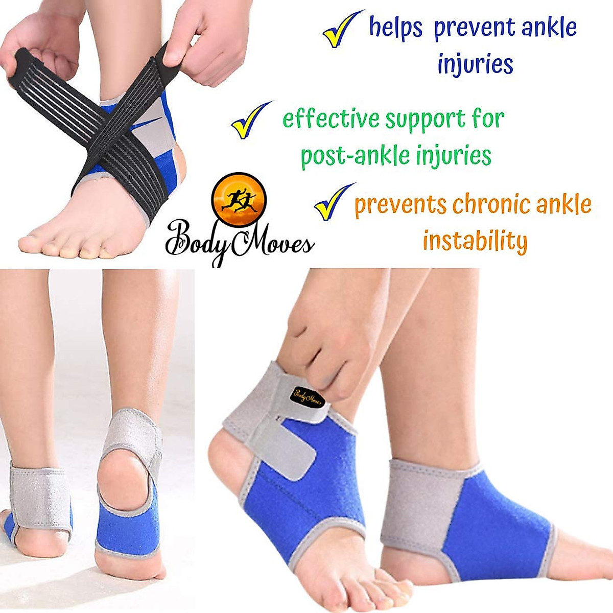 BodyMoves Kid's Ankle brace support PLUS Hot and Cold Ice Pack (Active Blue, SMALL for Little Kids (US 12-3))