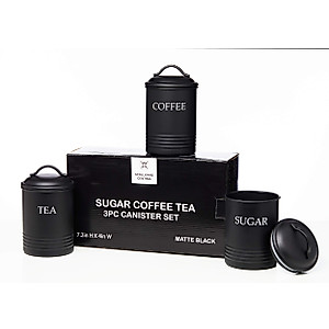 Steelware Central Kitchen Canister Set of 3 Sugar Coffee Tea with lids Food Storage, Black