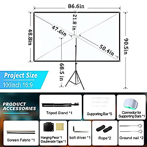 OWLENZ 100" New Upgrade PVC Projector Screen with Tripod Stand 16:9 4K HD Anti Crease Portable Projection Screen for Indoor Outdoor Movie Nights Film Screen