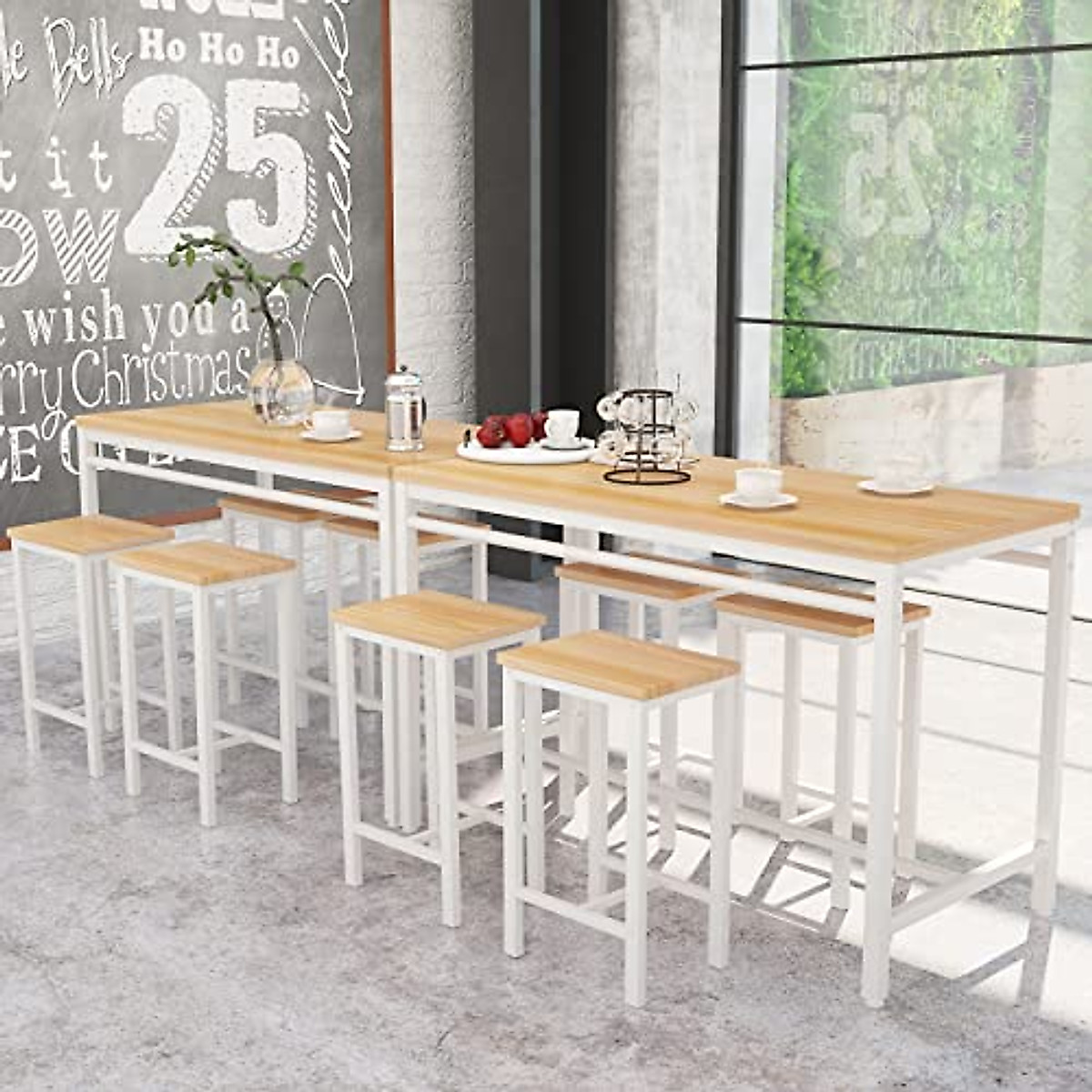 AWQM 5 Piece Bar Table Set, Modern Counter Height Dining Table and Chairs Set for 4, Wood Kitchen Table and 4 Bar Stools for Small Spaces, Apartment, Pub, Dining Room, Beige
