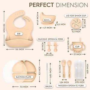 Baby Led Weaning Supplies Silicone Baby Feeding Set–11Pcs Baby Feeding Supplies with Suction Bowl and Plate, Fork, Spoon, Bib, Sippy Cup, Food-Grade Silicone Baby Utensils (Beige)