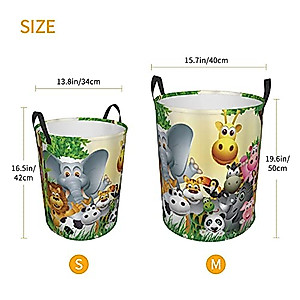 Laundry Basket,Animals In Jungle Elephant Giraffe Panda Bear Pig Lion Hippo Animation Cartoon Art,Large Canvas Fabric Lightweight Storage Basket/Toy Organizer/Dirty Clothes Collapsible Waterproof For College Dorms-Large