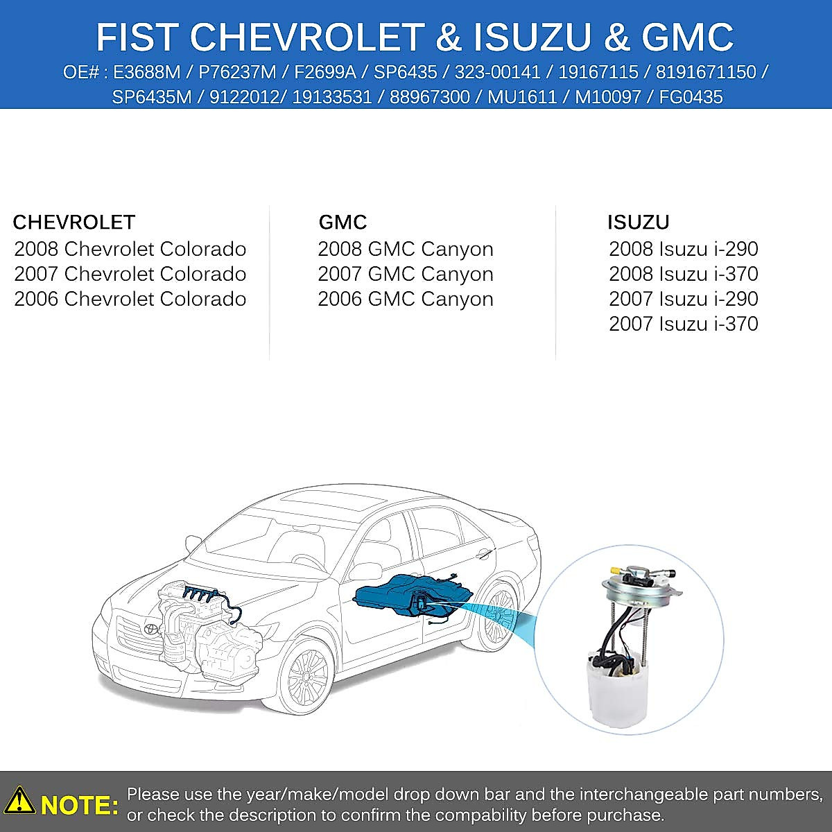 FAERSI Fuel Pump Assembly w/Sensor Replace# E3688M Compatible with 2006 2007 2008 Chevrolet Colorado & 2006-2008 GMC Canyon & 2007 2008 Isuzu i-290 & i-370 2.8L 2.9L 3.5L 3.7L 4-Door/2-Door