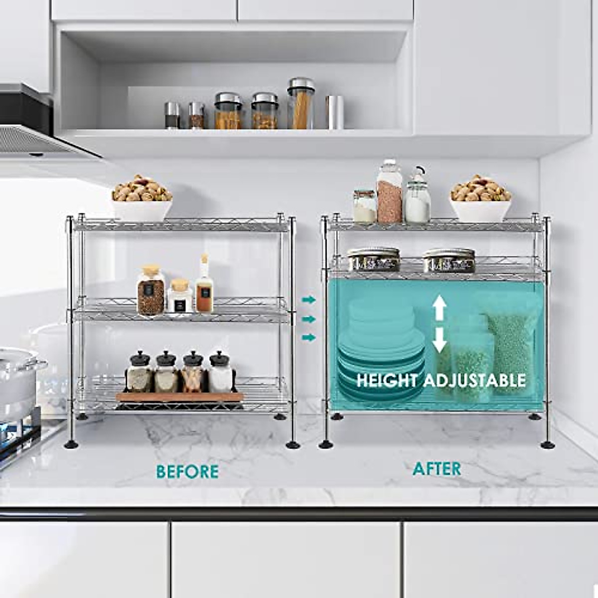 Doredo 3 Tier Wire Shelving Unit, Adjustable Wire Rack Shelving with Leveling Feet, Metal Storage Shelf Unit for Kitchen, Laundry, Pantry, Balcony (18" D x 8" W x 18" H, Chrome)