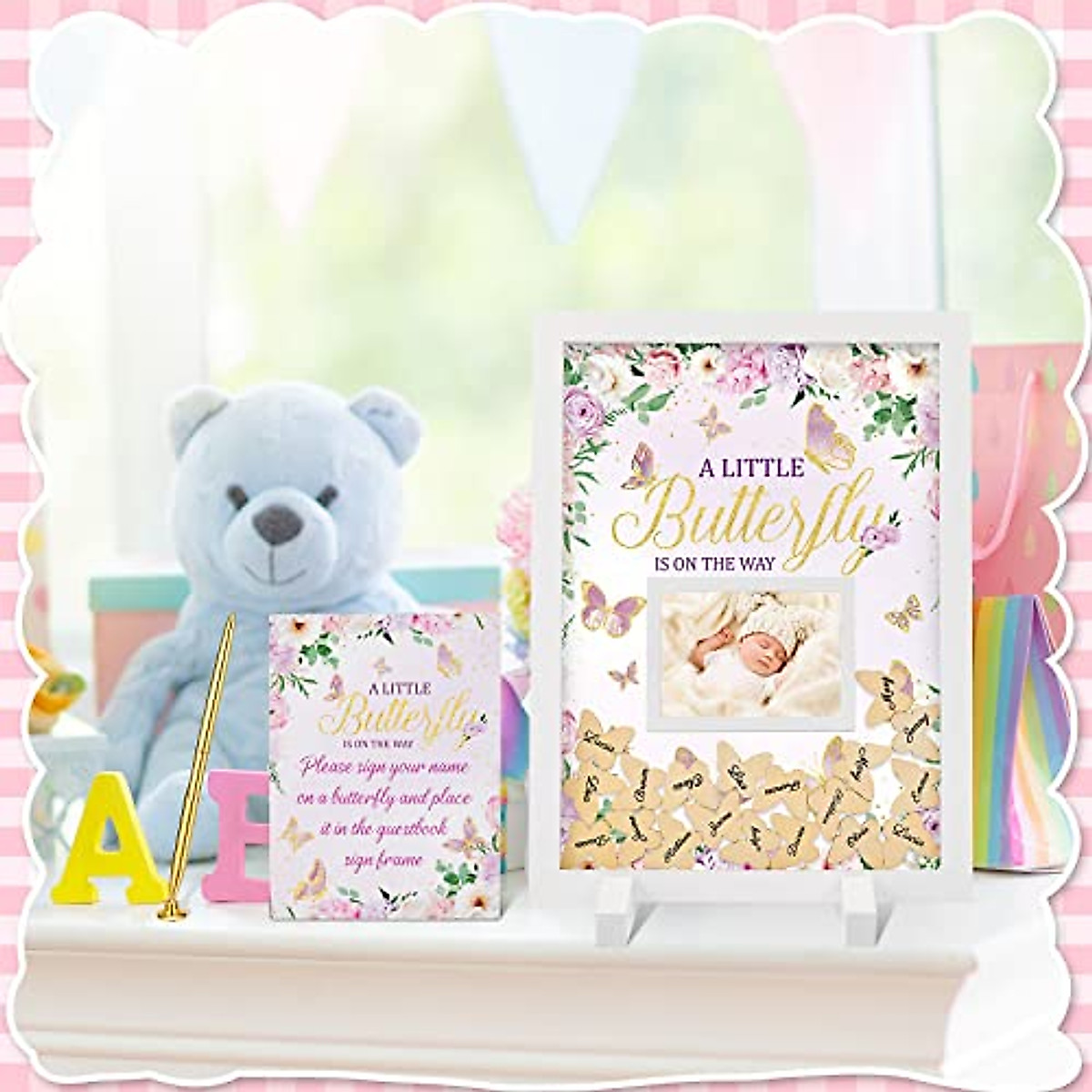 65 Pieces Butterfly Baby Shower Guest Book Alternative Set 60 Pieces Butterfly Token Baby Shower Sign in Guest Book Baby Keepsake Signature Book Picture Frame with Wooden Stand Storage Bag and Pen