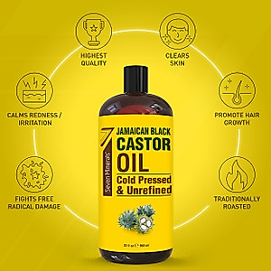 Seven Minerals, Pure Jamaican Black Castor Oil - Big 32 fl oz Bottle - Unrefined & Hexane Free - for Hair Growth, Thicker Eyelashes & Eyebrows, Dry Skin, Healing, Hair Care