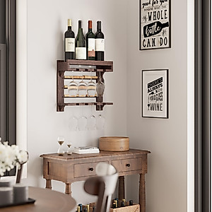 Rustic State Veneto Wall Mount Wood Wine Bottle Rack and Stemware Glassware Organizer Shelf Cork Storage - Magnetic Corkscrew Holder for Champagne, Red & White Wine - Home, Kitchen, Bar Décor