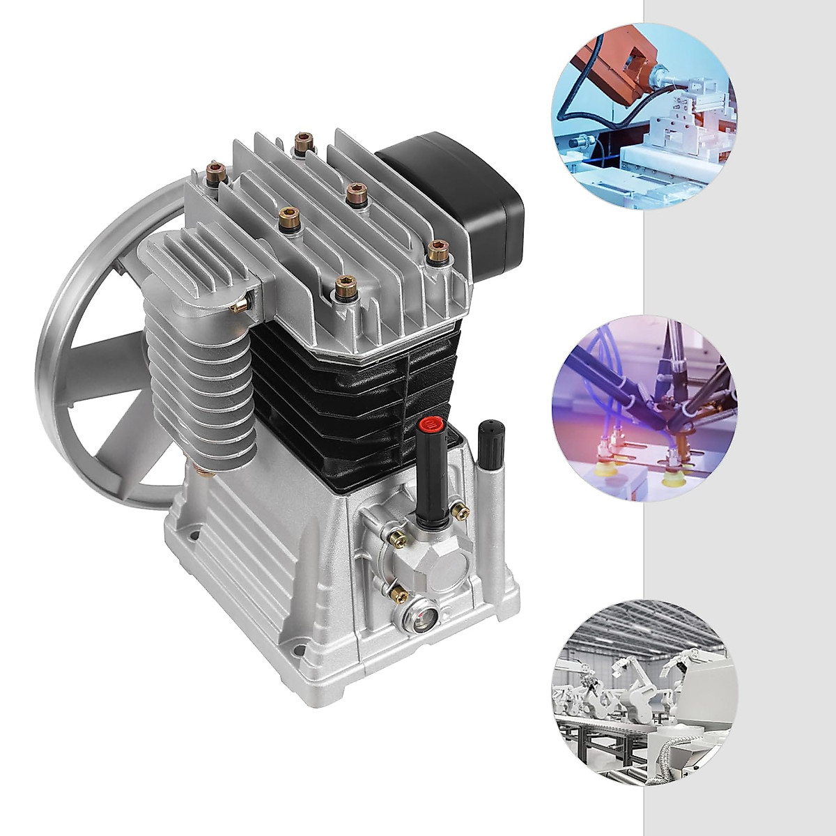 3HP Air Compressor Pump, Oil Lubricated Air Compressor Piston Pump Head Twin Cylinder Aluminum Air Compressor Head With Silencer and Screw, Breathing Nozzle 250L/min Cast Iron (2065-2.2KW-3HP)