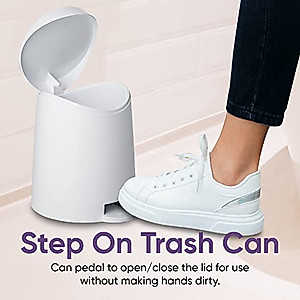 Superio Small Trash Can with Lid 3 Lite, Plastic Mini Waste Bin 0.75 Gallon, Modern Flat Lid Step Trash Can with Foot Pedal, Bathroom, Bedroom, Office, Under Desk, Soft Close (White)