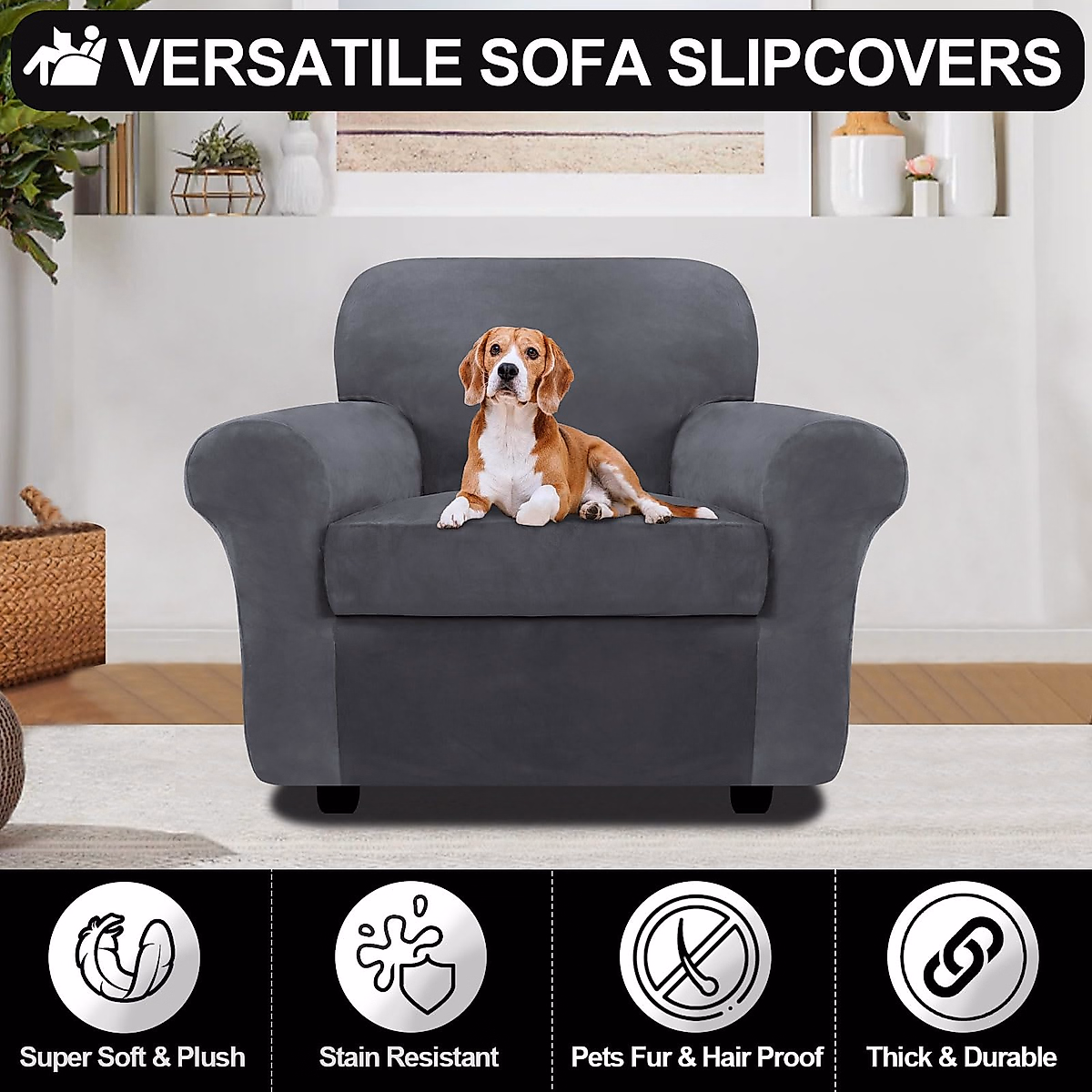 FestiCorp Sofa Cover, Velvet Couch Covers for Dogs, Stretch Sofa Slipcovers, Thick Furniture Covers for Pets, Washable Chair Cover, Armchair, Grey