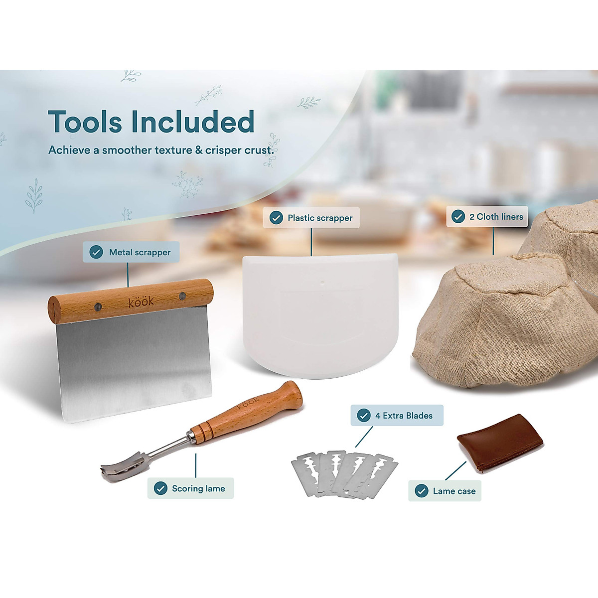 Proofing Set, by Kook, Sourdough Bread, 2 Rattan Banneton Baskets, 2 Basket Covers, Metal Scraper, Plastic Scraper, Scoring Lame, 5 Blades and Case, Round Shape