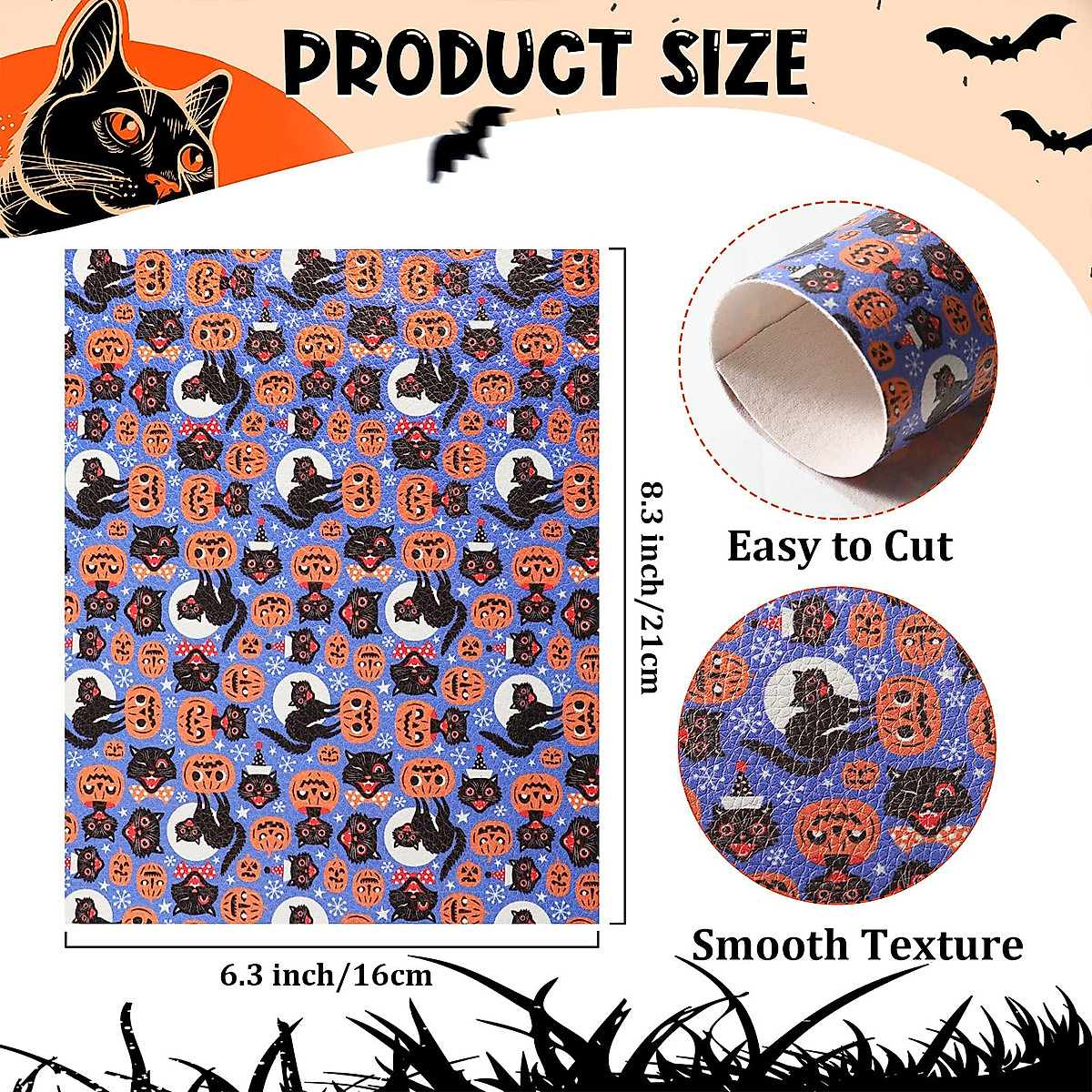 16 Pieces Halloween ​Faux Leather Sheets Pumpkin Printed Leather Fabric Sheets Ghost Spider Bat Faux Leather Fabric Glitter Sequin Synthetic Leather Sheet, 8.3 x 6.3 Inch for Halloween DIY Craft Decor