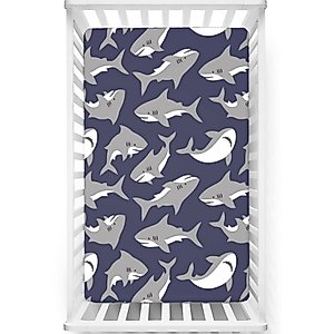 Shark Themed Fitted Crib Sheet,Standard Crib Mattress Fitted Sheet Soft Toddler Mattress Sheet Fitted -Crib Mattress Sheet or Toddler Bed Sheet,52“ x28“,Dark Indigo and Pale Taupe