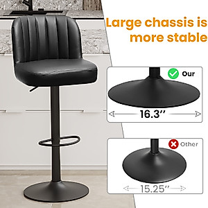 DICTAC Leather Bar Stools Set of 2, Black Barstools Bar Height Set of 2, Swivel Counter Height Bar Stools, Adjustable Bar Chairs for Kitchen, Capacity 400lbs