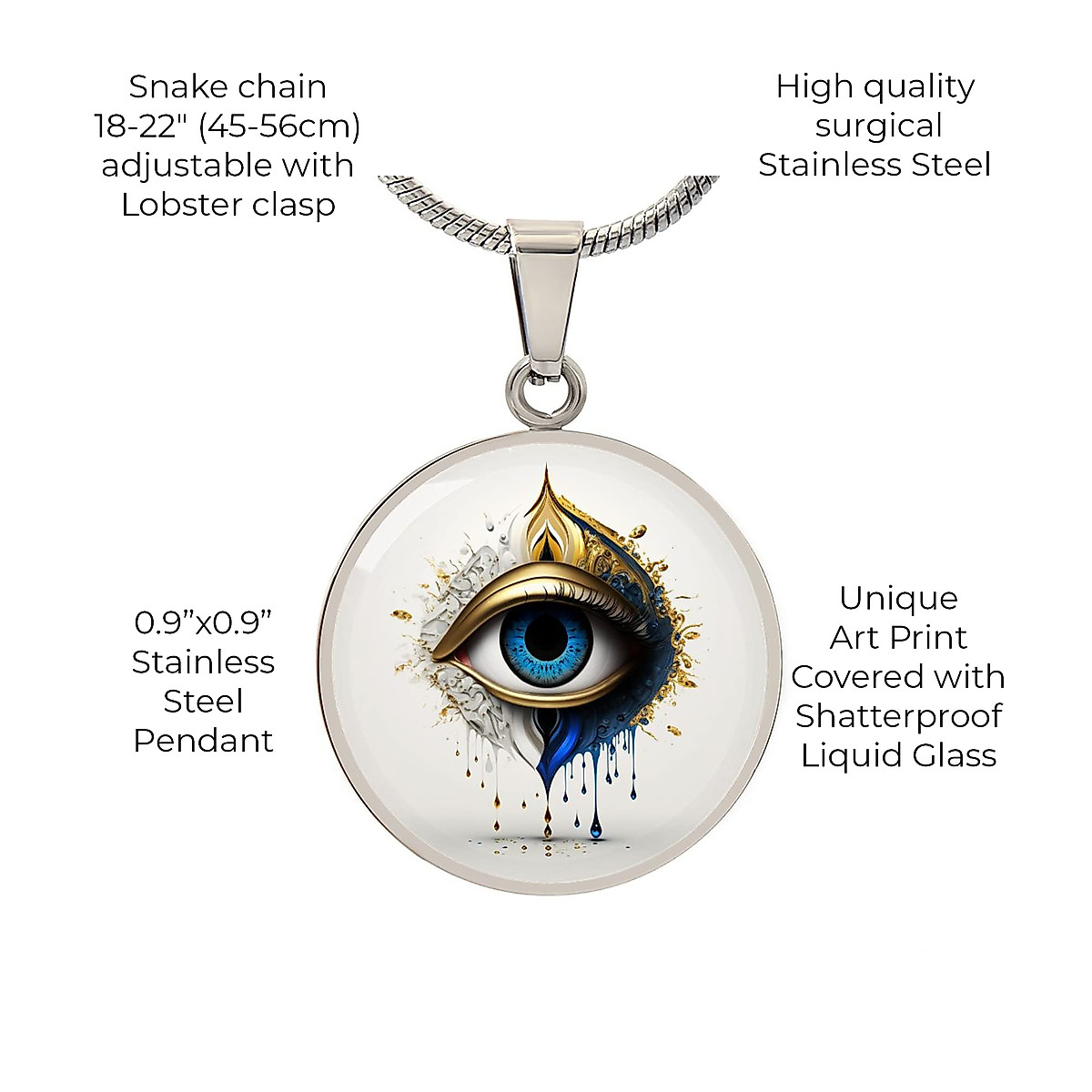 Hilis Jewelry Evil Eye Necklace For Women Protection, Spiritual Jewelry, Personalized Gifts Glass Pendant Charm Engraved Gold or Silver (Silver -No Engraving, Stainless Steel)