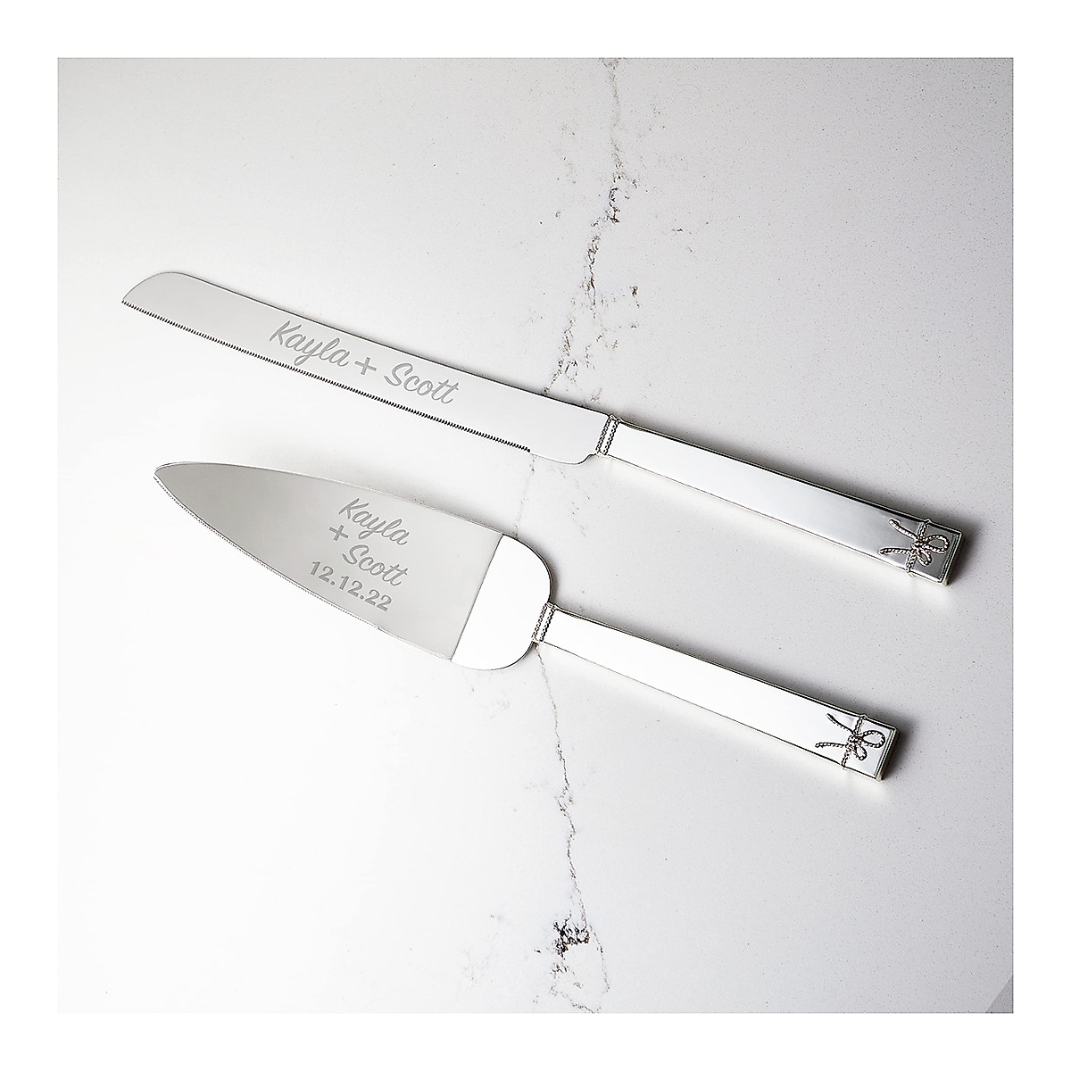 Vera Wang Bridal Love Knots Silver Personalized Wedding Cake Knife and Server Set, Custom Engraved Wedding Cake Cutting Set, Accessories and Gifts for the Bride and Groom