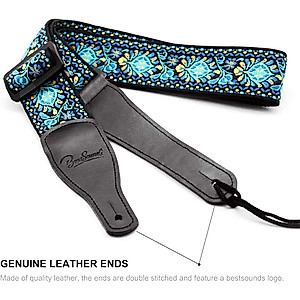 Guitar Strap, Vintage Embroidered Cotton Strap with Genuine Leather Ends for Acoustic and Electric Guitar, Bass Guitars