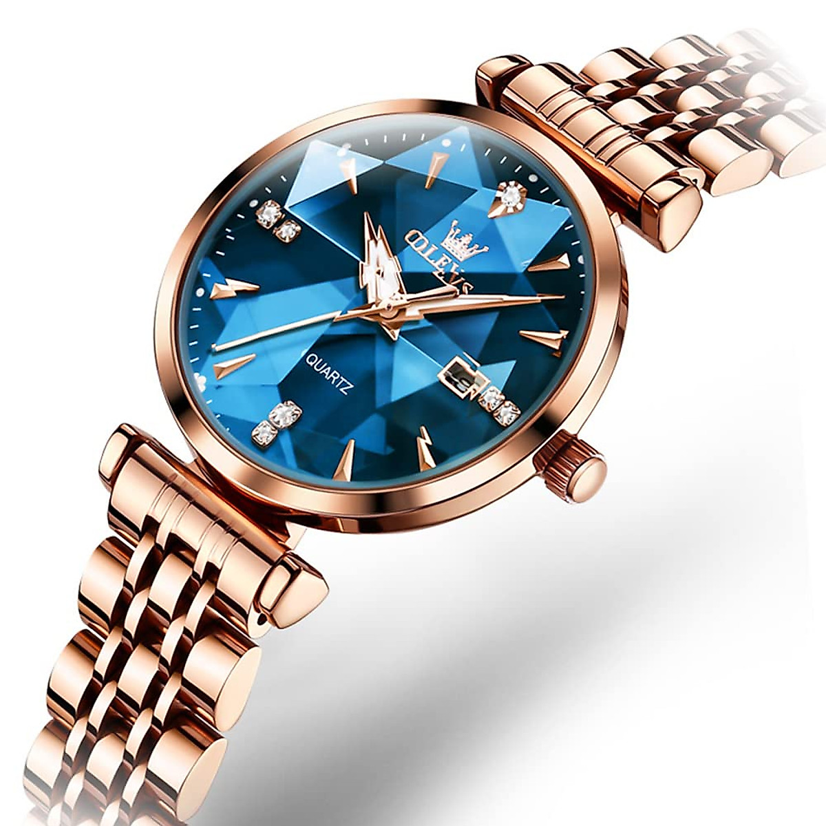 OLEVS Women Watch Fashion Rose Gold Diamond Analog Quartz Female Watch for Women Luxury Dress Ladies Stainless Steel Luminous Waterproof Date Wrist Watch Blue