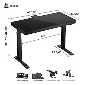 EUREKA ERGONOMIC RGB Glass Gaming Desk, Music Studio Desk, 47 Inch Adjustable Height Computer Desk Music Sensing LED Sit Stand Desk for Home Office Gamer w Dual Motors,USB Ports, APP Control